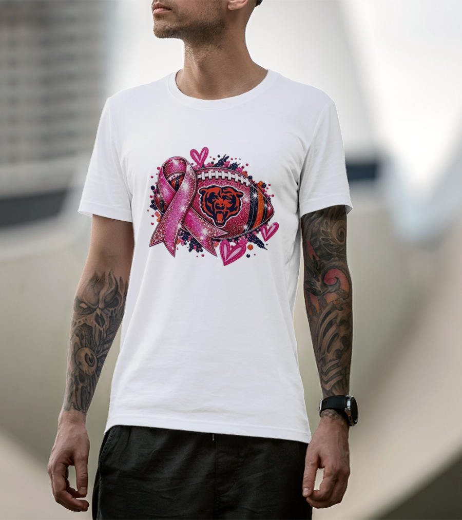 Chicago Bears Breast Cancer Awareness Pink Ribbon Football Hearts T-Shirt