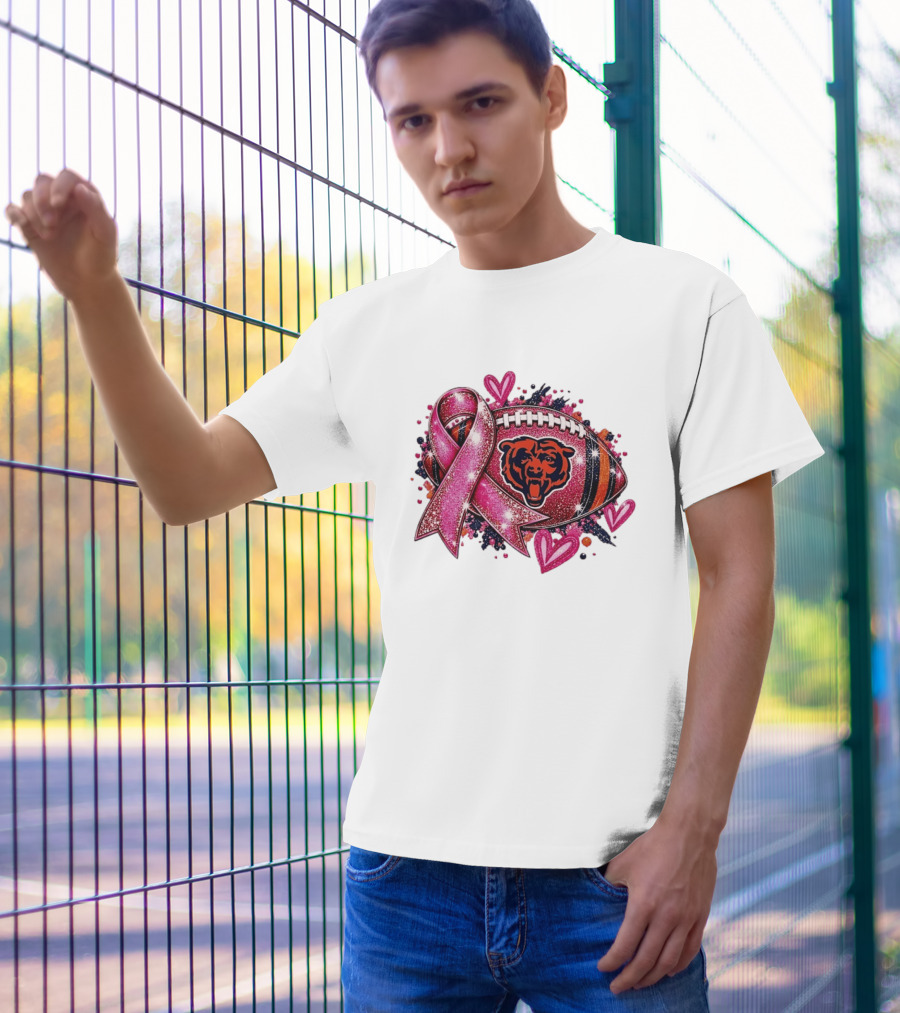 Chicago Bears Breast Cancer Awareness Pink Ribbon Football Hearts T-Shirt