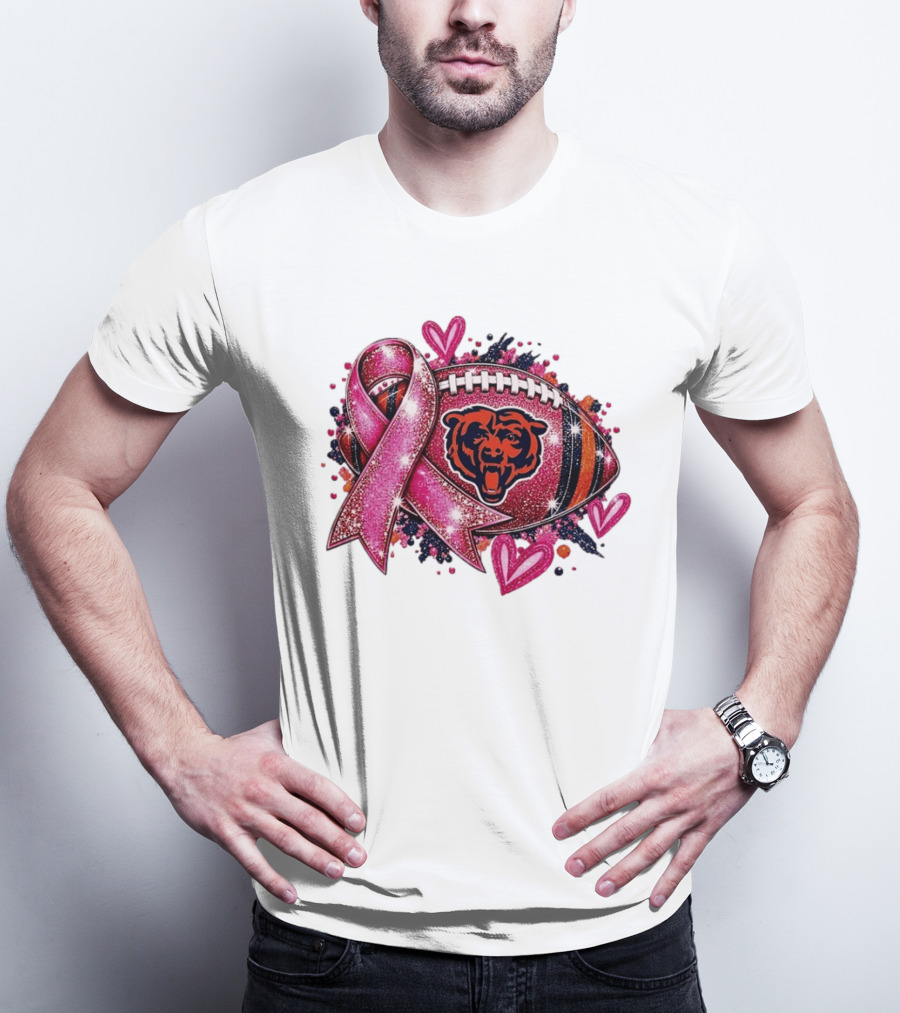 Chicago Bears Breast Cancer Awareness Pink Ribbon Football Hearts T-Shirt