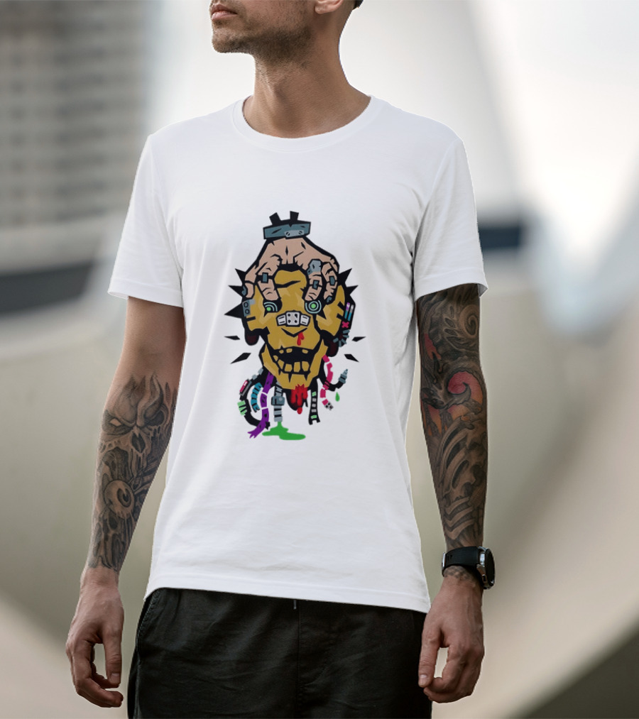 Cybernetic Skull With Robotic Hand In Bold Cyberpunk T-Shirt