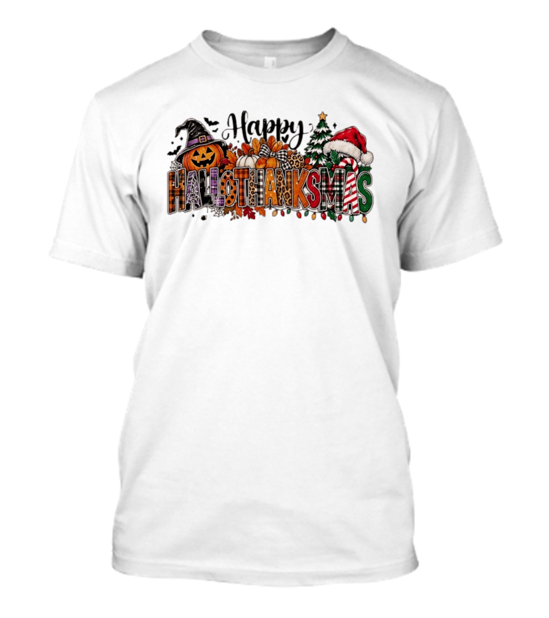 Happy Hallothanksmas Pumpkin Santa Hat Christmas Tree T-Shirt