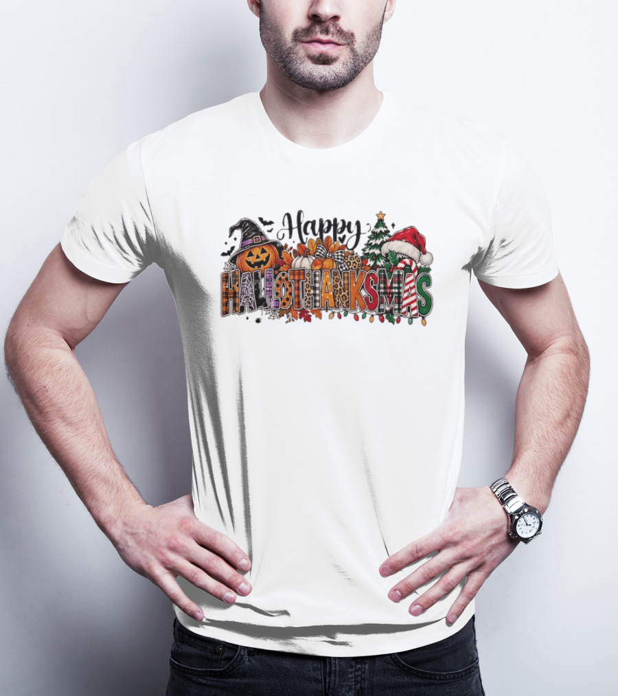 Happy Hallothanksmas Pumpkin Santa Hat Christmas Tree T-Shirt