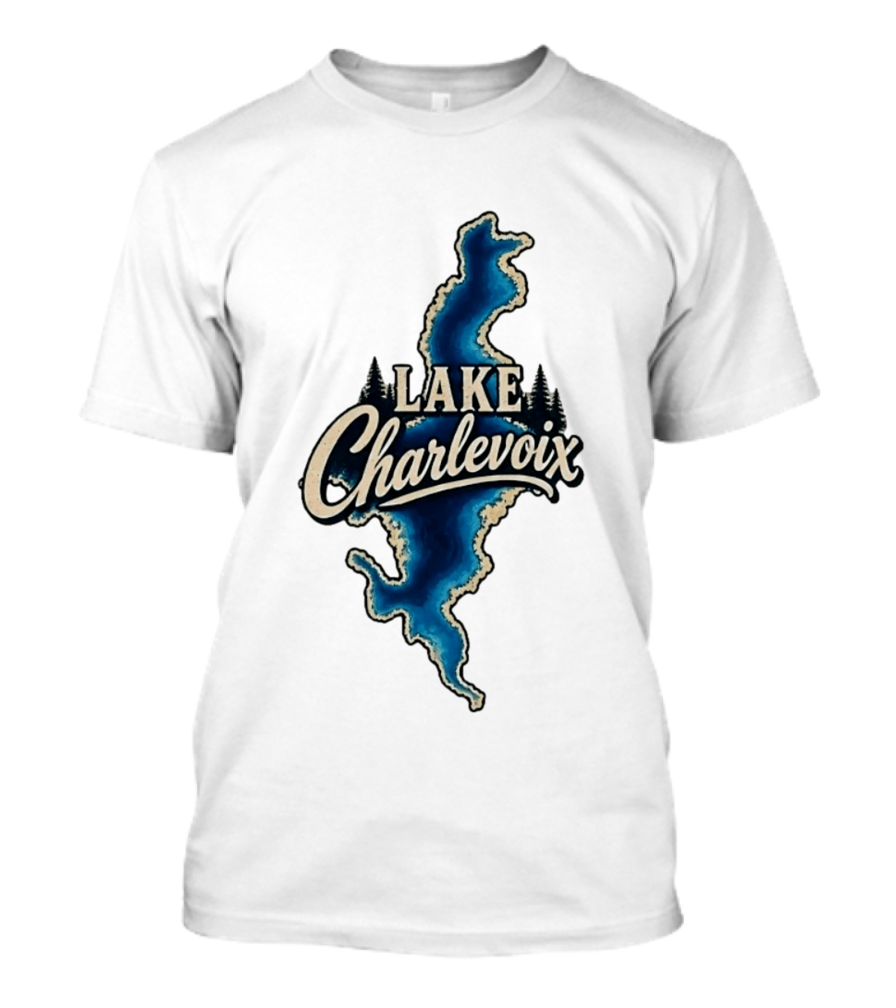 Lake Charlevoix Michigan Map Waterfront Trees T-Shirt