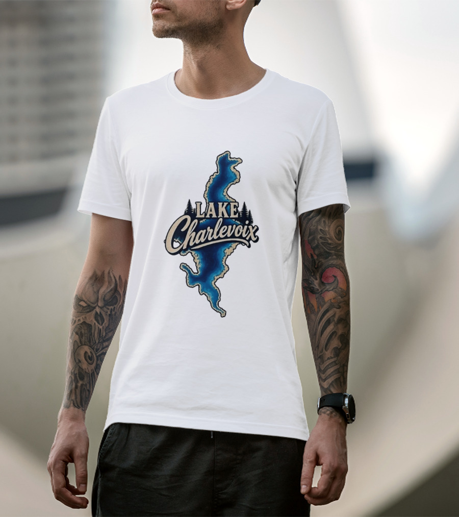 Lake Charlevoix Michigan Map Waterfront Trees T-Shirt