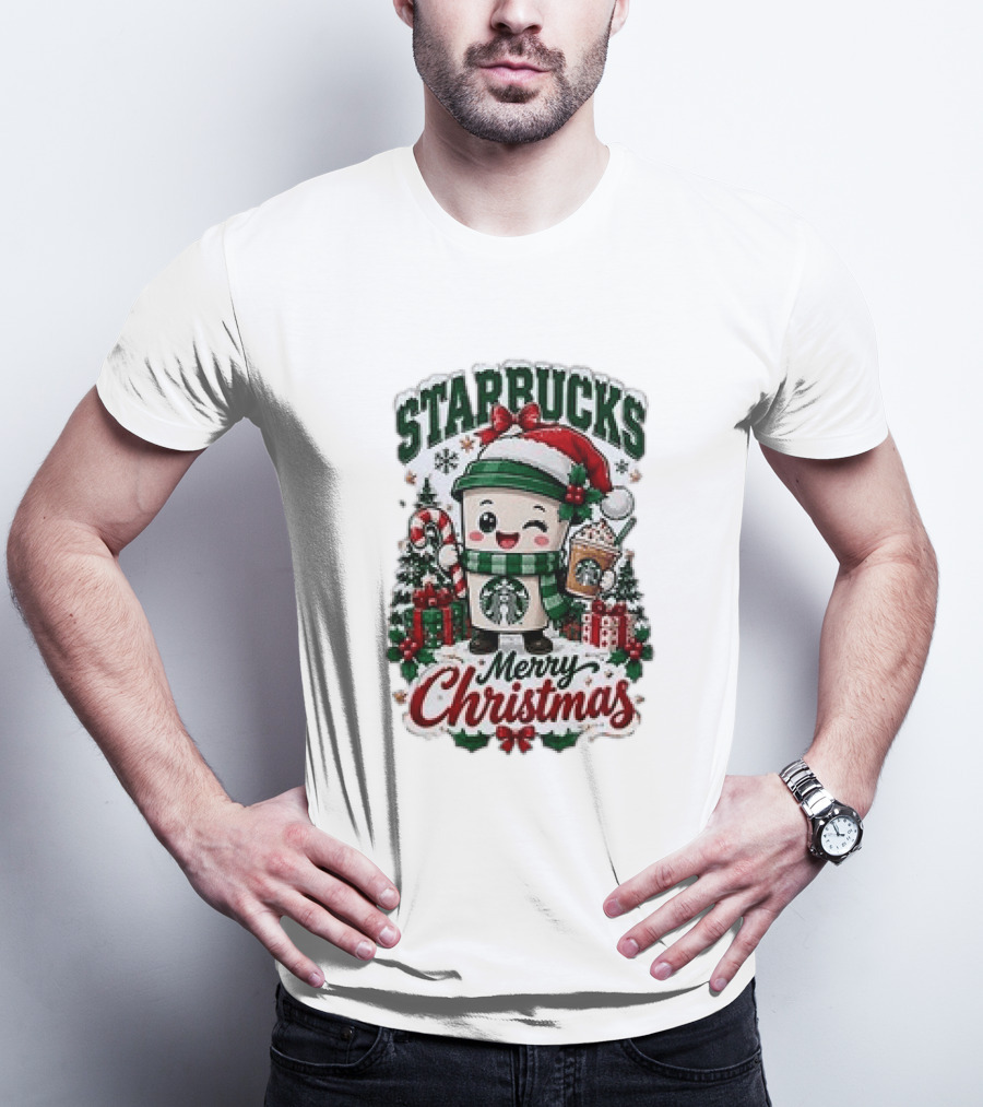 Starbucks Merry Christmas Cute Holiday Coffee Cup Santa Hat Candy Cane Presents T-Shirt