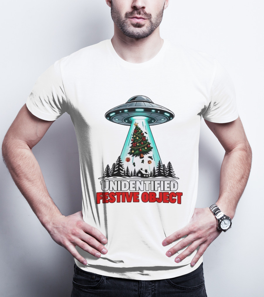 UFO Beaming Up Christmas Tree Unidentified Festive Object T-Shirt