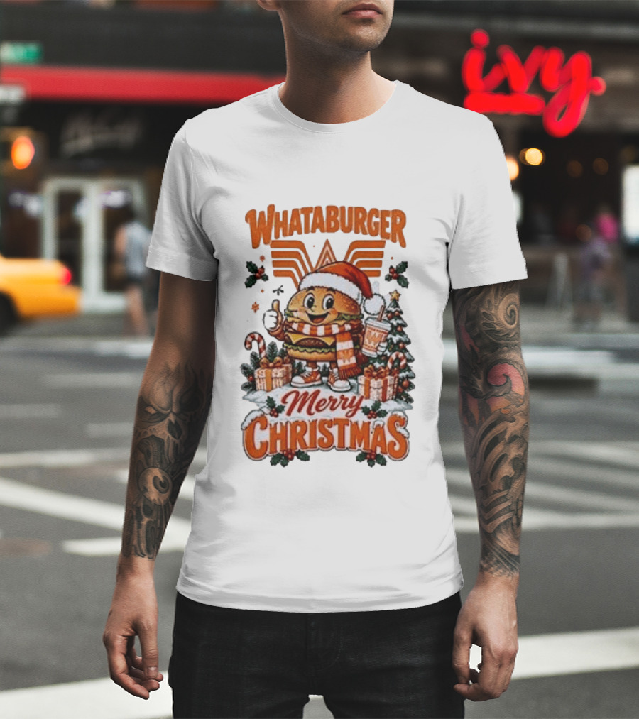 Whataburger Merry Christmas Festive Holiday Burger Santa With Gifts And Drink T-Shirt