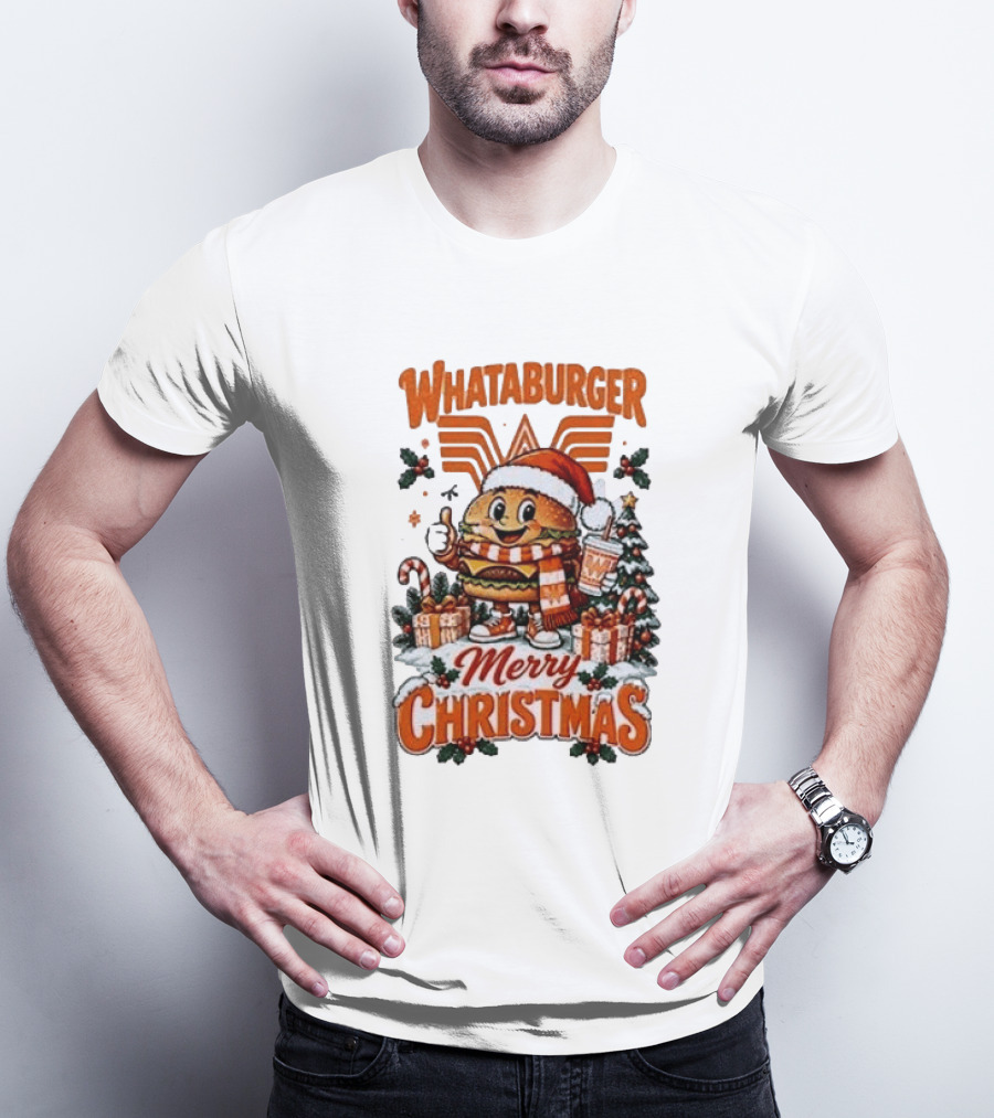 Whataburger Merry Christmas Festive Holiday Burger Santa With Gifts And Drink T-Shirt