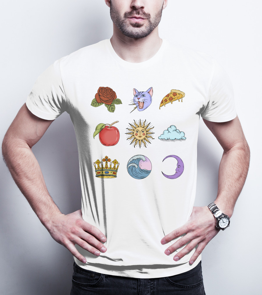 Rose Cat Pizza Apple Sun Cloud Crown Wave Moon T-Shirt