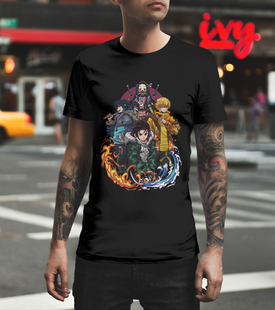 Kimetsu No Yaiba Demon Slayer Tanjiro Nezuko Zenitsu Inosuke Elemental Power Poses T-Shirt