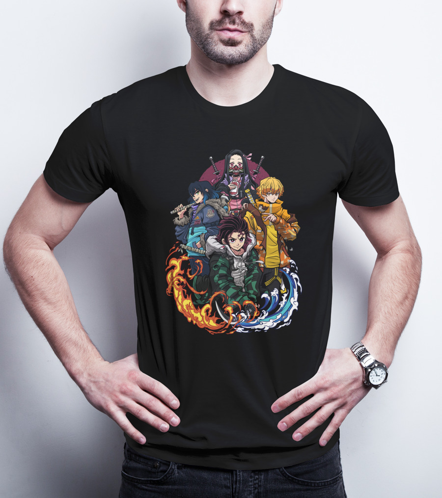 Kimetsu No Yaiba Demon Slayer Tanjiro Nezuko Zenitsu Inosuke Elemental Power Poses T-Shirt