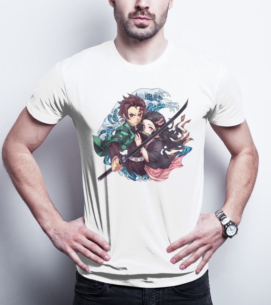 Kimetsu No Yaiba: Demon Slayer Tanjiro Kamado And Nezuko With Sword And Waves T-Shirt