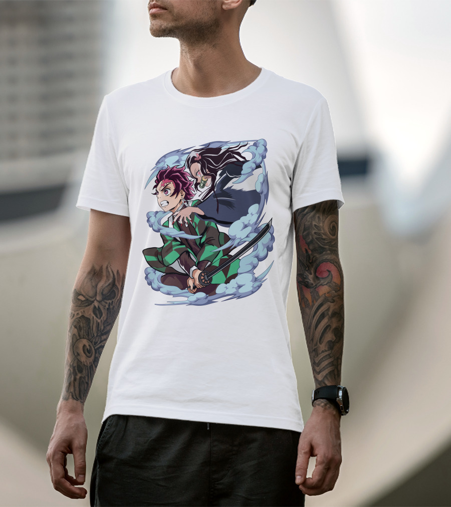 Demon Slayer Kimetsu No Yaiba Tanjiro Nezuko Anime Characters Sword Action Scene T-Shirt