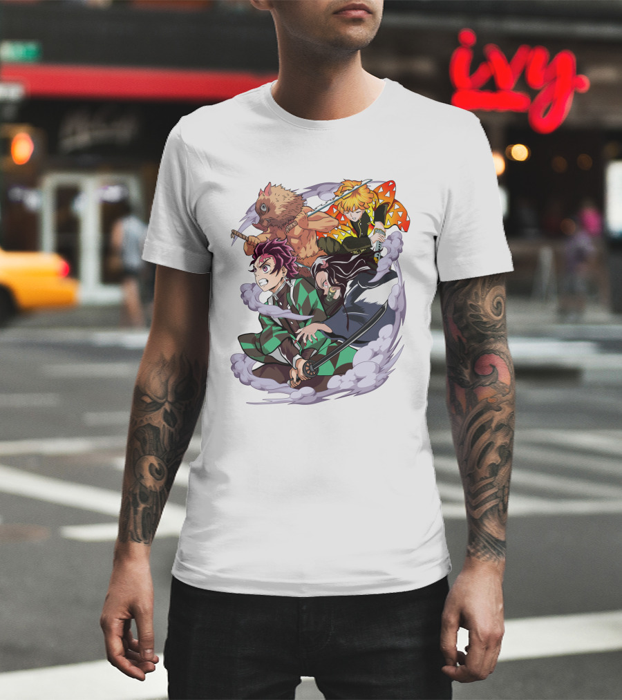 Demon Slayer Kimetsu No Yaiba Tanjiro Nezuko Zenitsu Inosuke Dynamic Action Scene T-Shirt