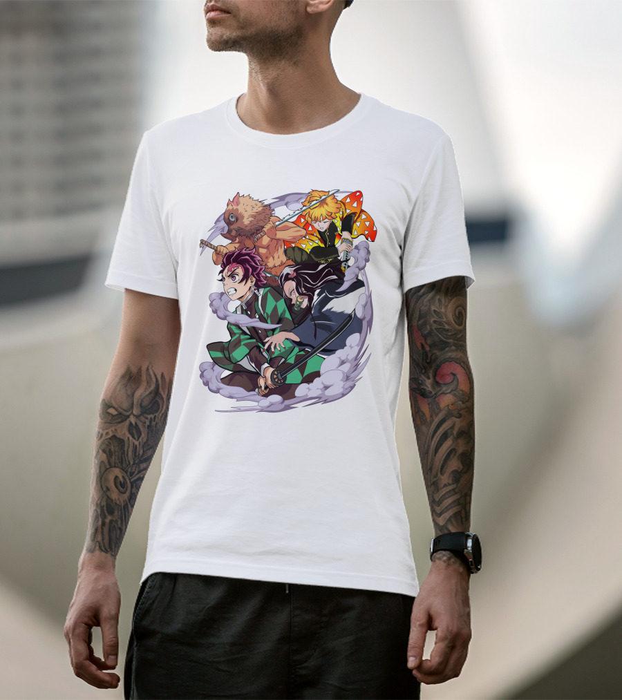 Demon Slayer Kimetsu No Yaiba Tanjiro Nezuko Zenitsu Inosuke Dynamic Action Scene T-Shirt