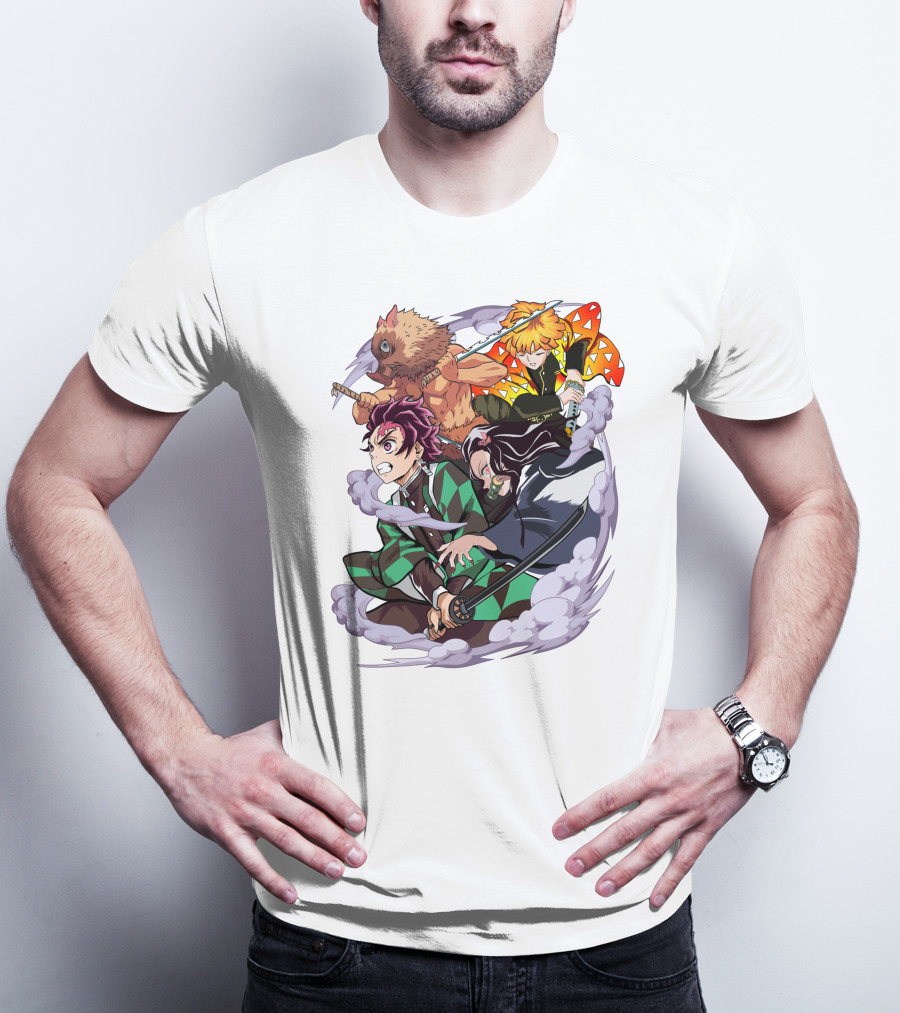 Demon Slayer Kimetsu No Yaiba Tanjiro Nezuko Zenitsu Inosuke Dynamic Action Scene T-Shirt