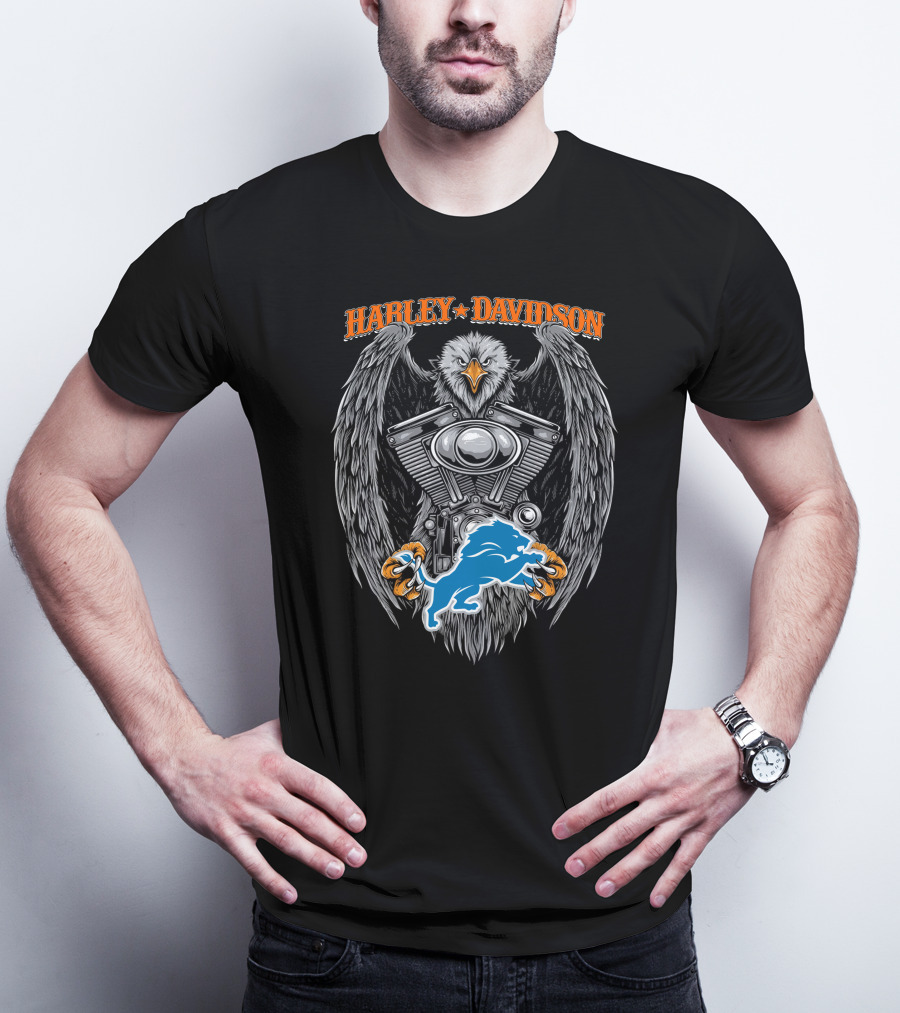Harley Davidson Eagle Engine With Detroit Lions T-Shirt