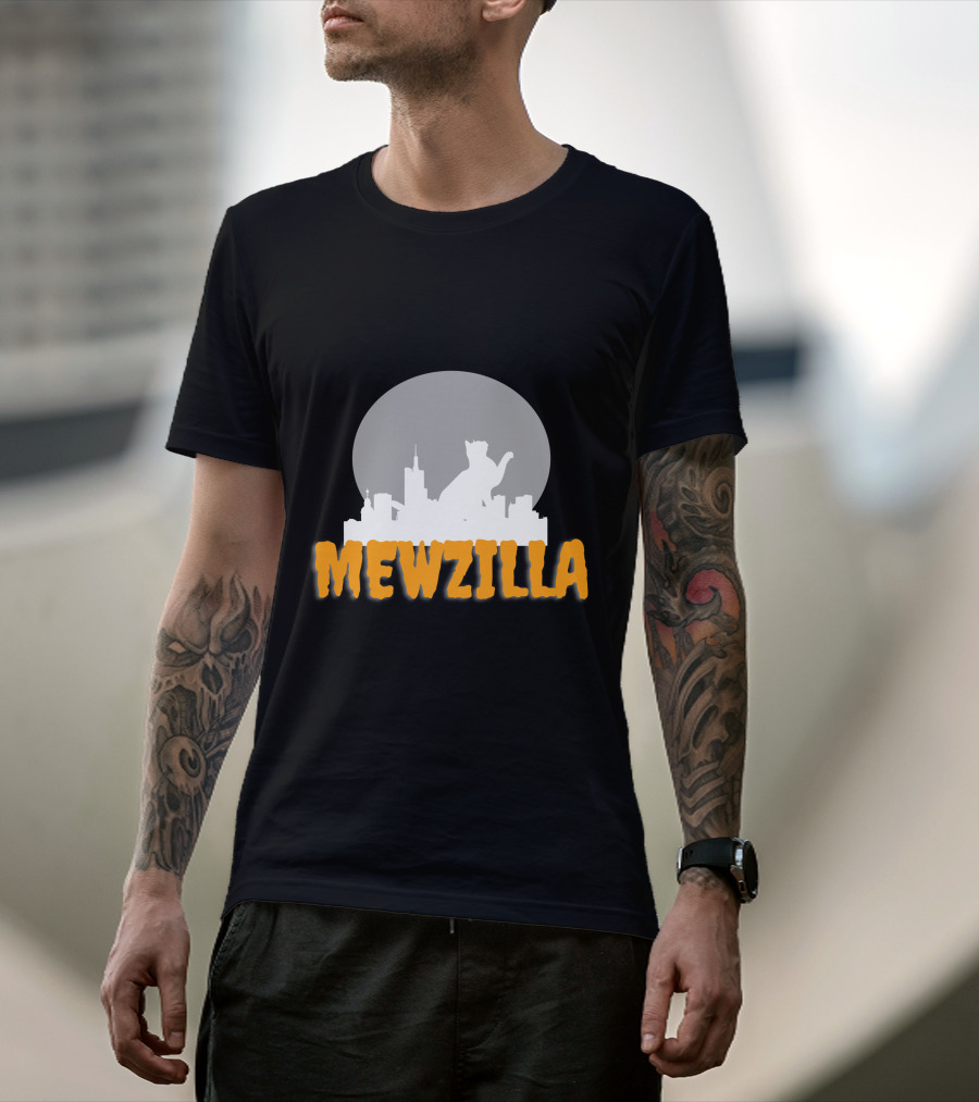 Mewzilla Cat Silhouette Over City Skyline Full Moon T-Shirt