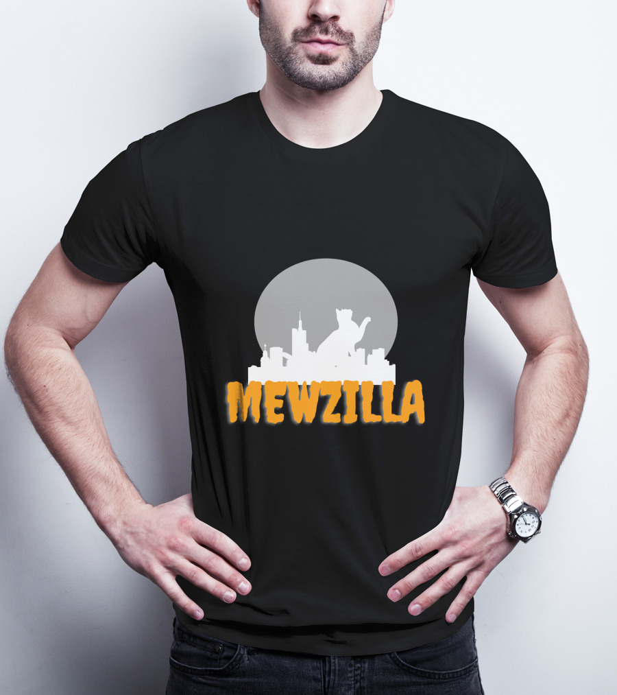 Mewzilla Cat Silhouette Over City Skyline Full Moon T-Shirt
