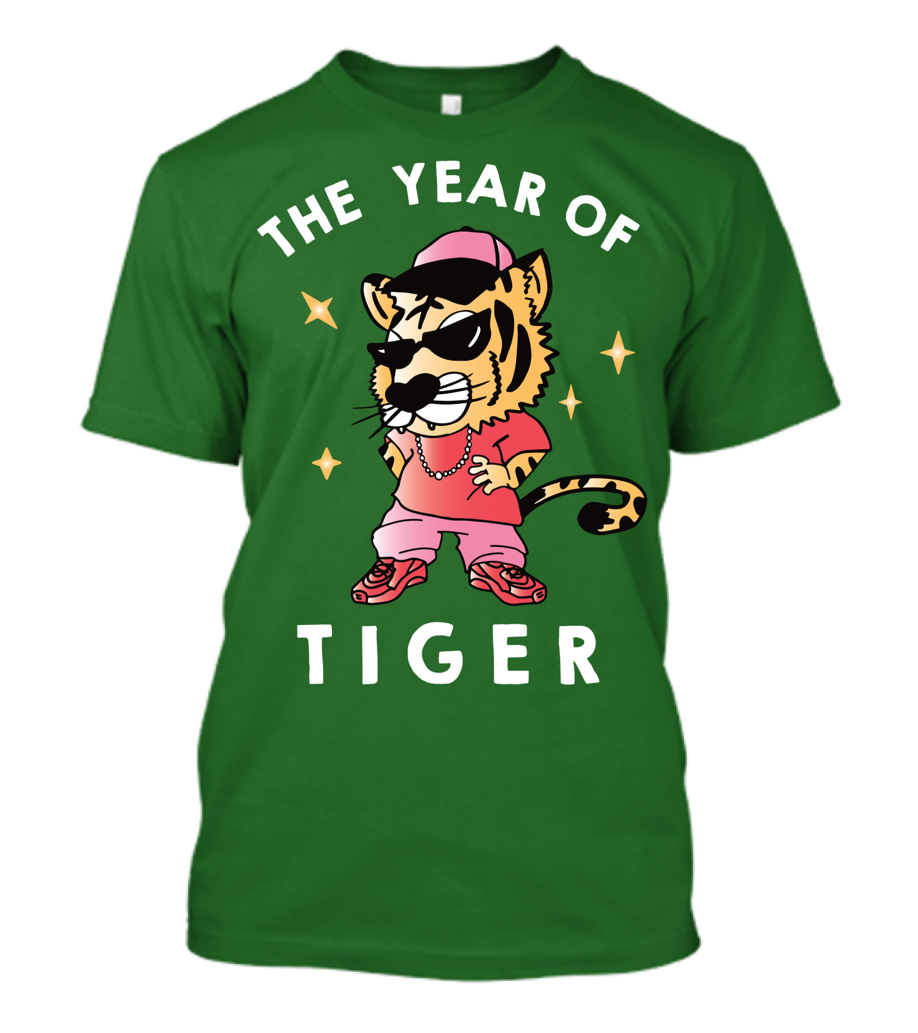 THE YEAR OF TIGER Hip Hop Style Cartoon Tiger Wearing Sunglasses And Chain T-Shirt