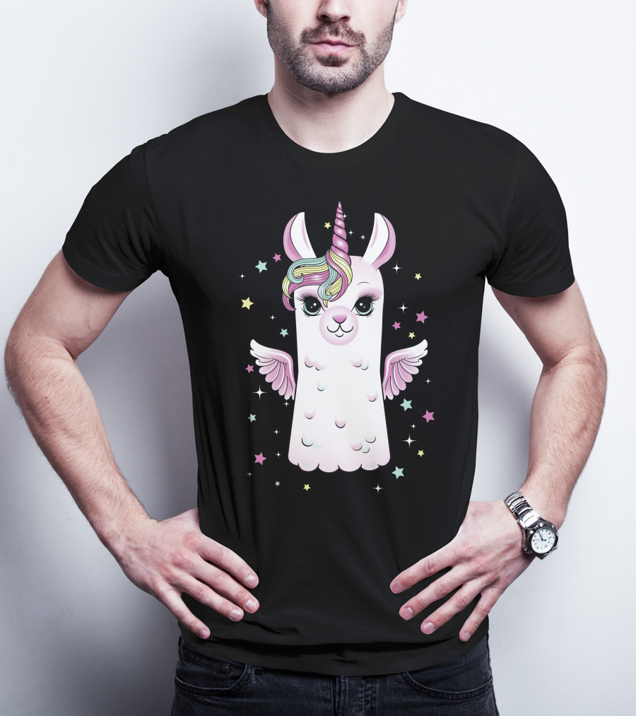 Llama Unicorn With Rainbow Mane And Wings Surrounded By Stars T-Shirt