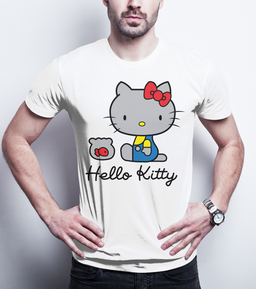Hello Kitty Gray Cat With Red Bow And Fish Bowl T-Shirt
