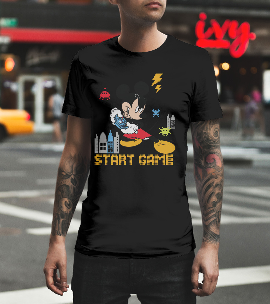 Mickey Holding Controller Retro Gaming City Start Game T-Shirt