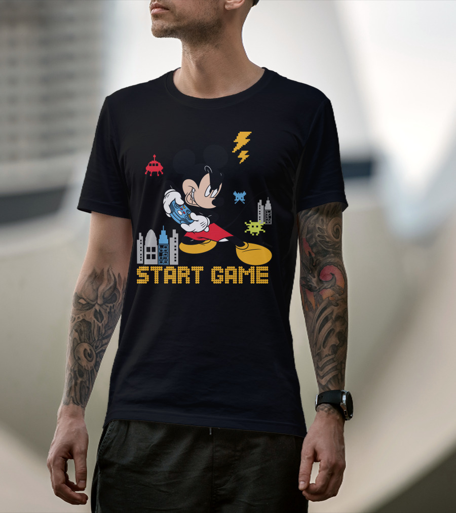 Mickey Holding Controller Retro Gaming City Start Game T-Shirt