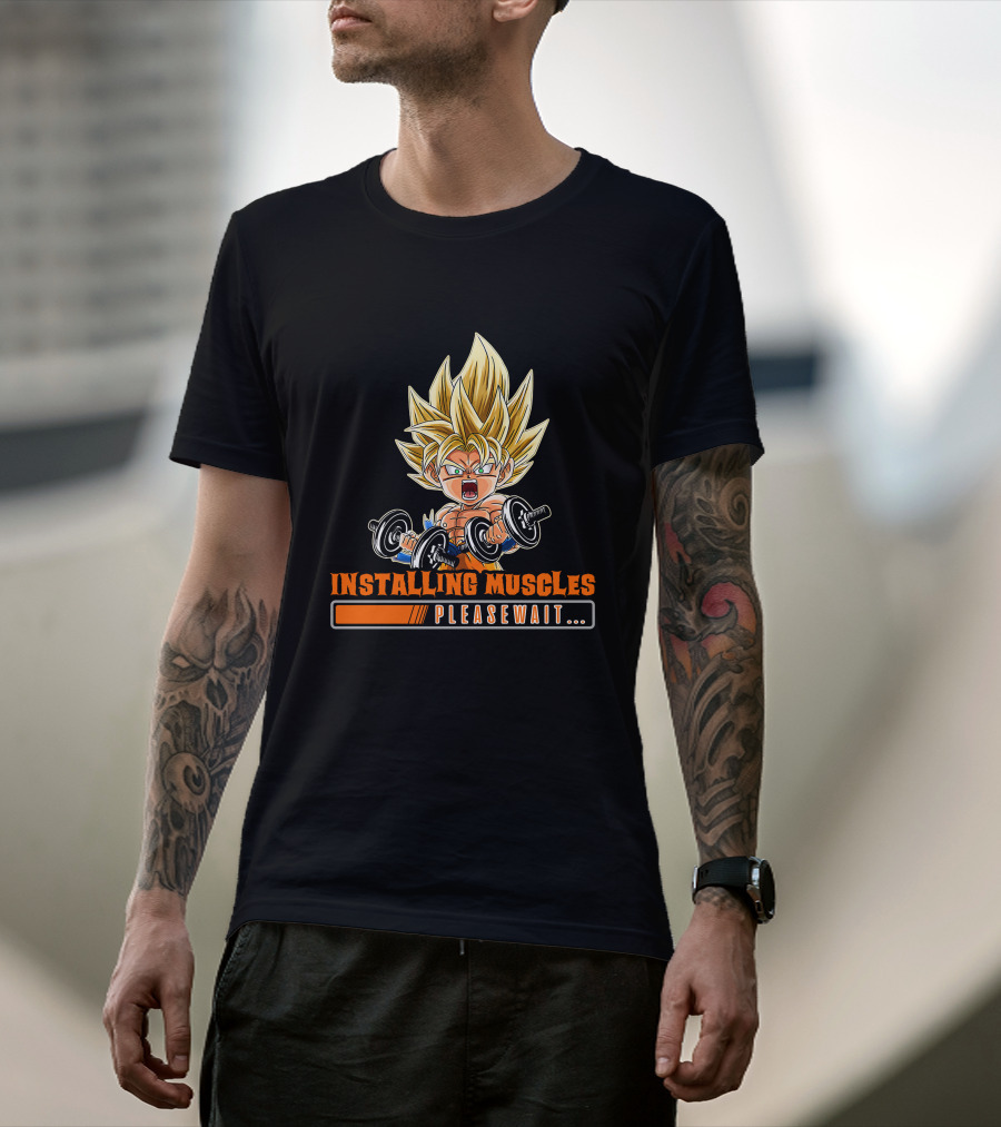 Installing Muscles Please Wait Super Saiyan Dumbbells Fitness Power Up T-Shirt