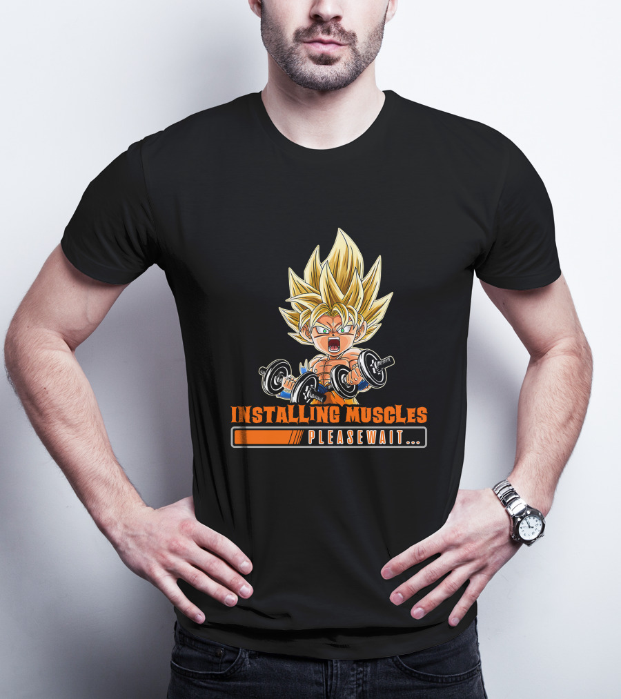 Installing Muscles Please Wait Super Saiyan Dumbbells Fitness Power Up T-Shirt