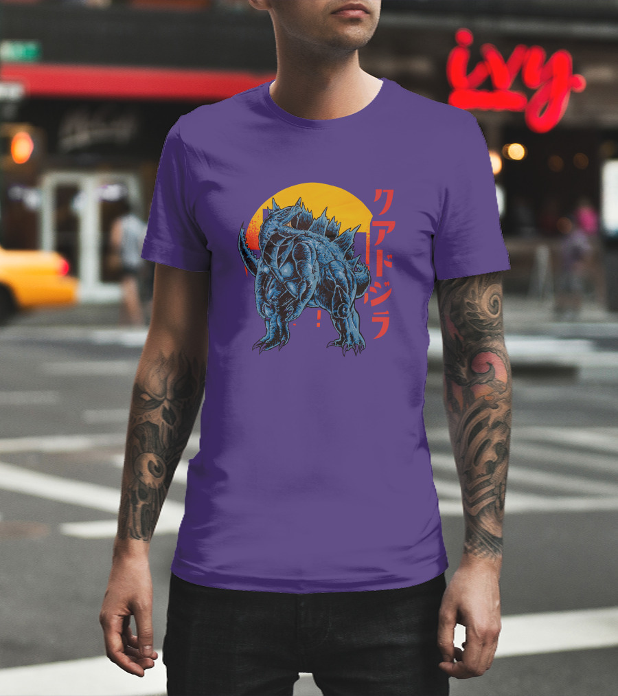 Raging Tobey Raskolapparel Quadzilla Kaiju Monster Retro Sunset Kanji T-Shirt