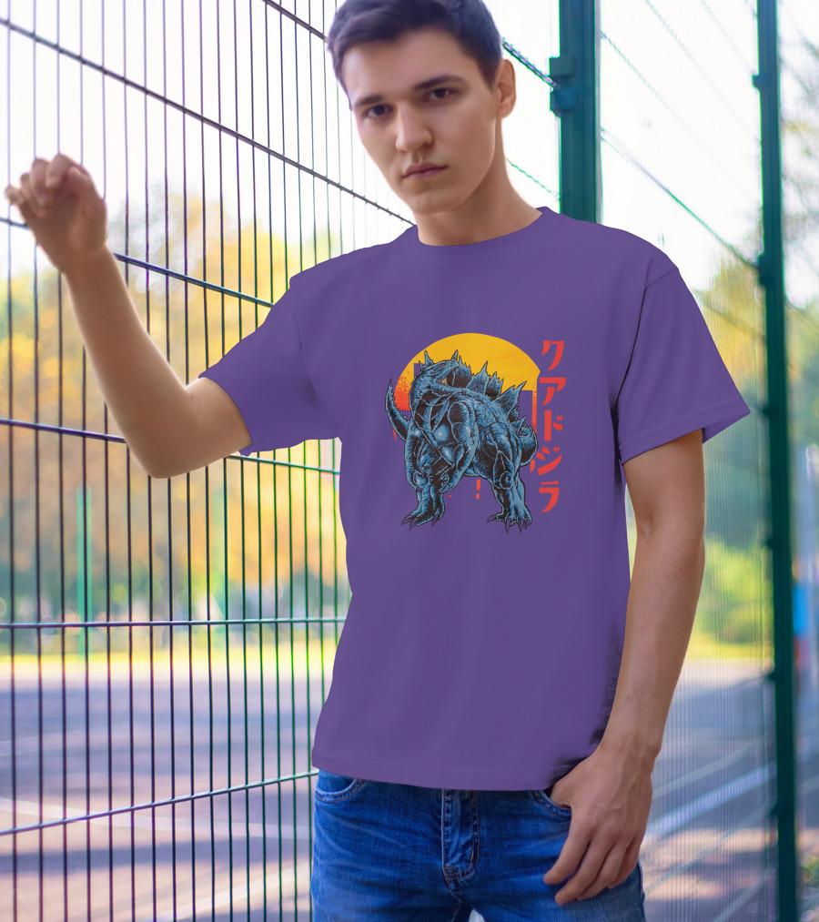 Raging Tobey Raskolapparel Quadzilla Kaiju Monster Retro Sunset Kanji T-Shirt