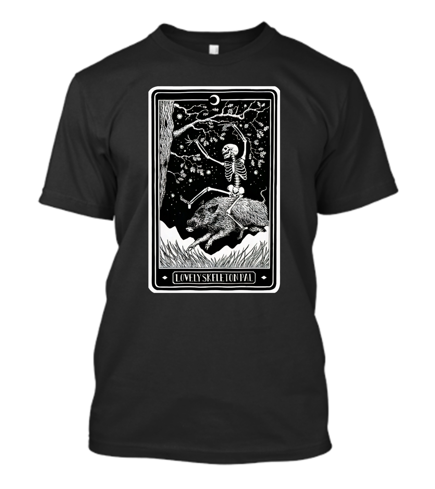 Lovely Skeleton Pal Johnny Chiodini Ever Press Store Merch Riding Wild Boar In Starry Night Scene T-Shirt