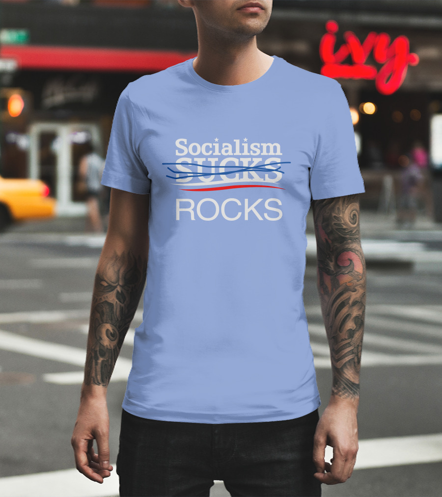 Socialism Rocks Blue Text Design With Stars And Strikethrough Line T-Shirt