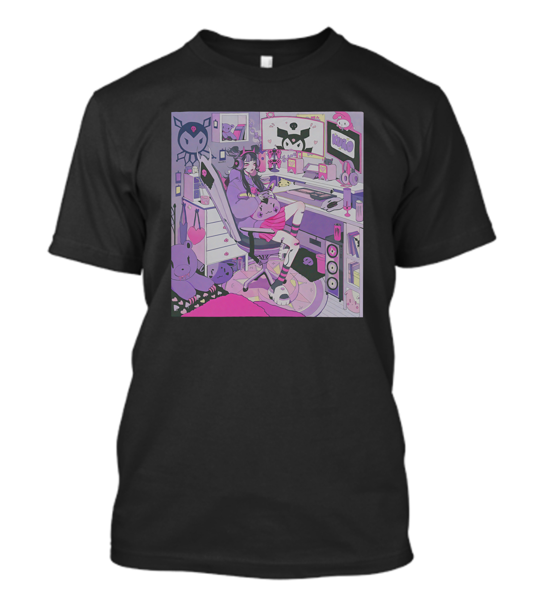 Kiru Made Fuku Mono Lavender Mood Vacuum Anime Gaming Room With Kuro Plushies And Headset Gamer Girl T-Shirt