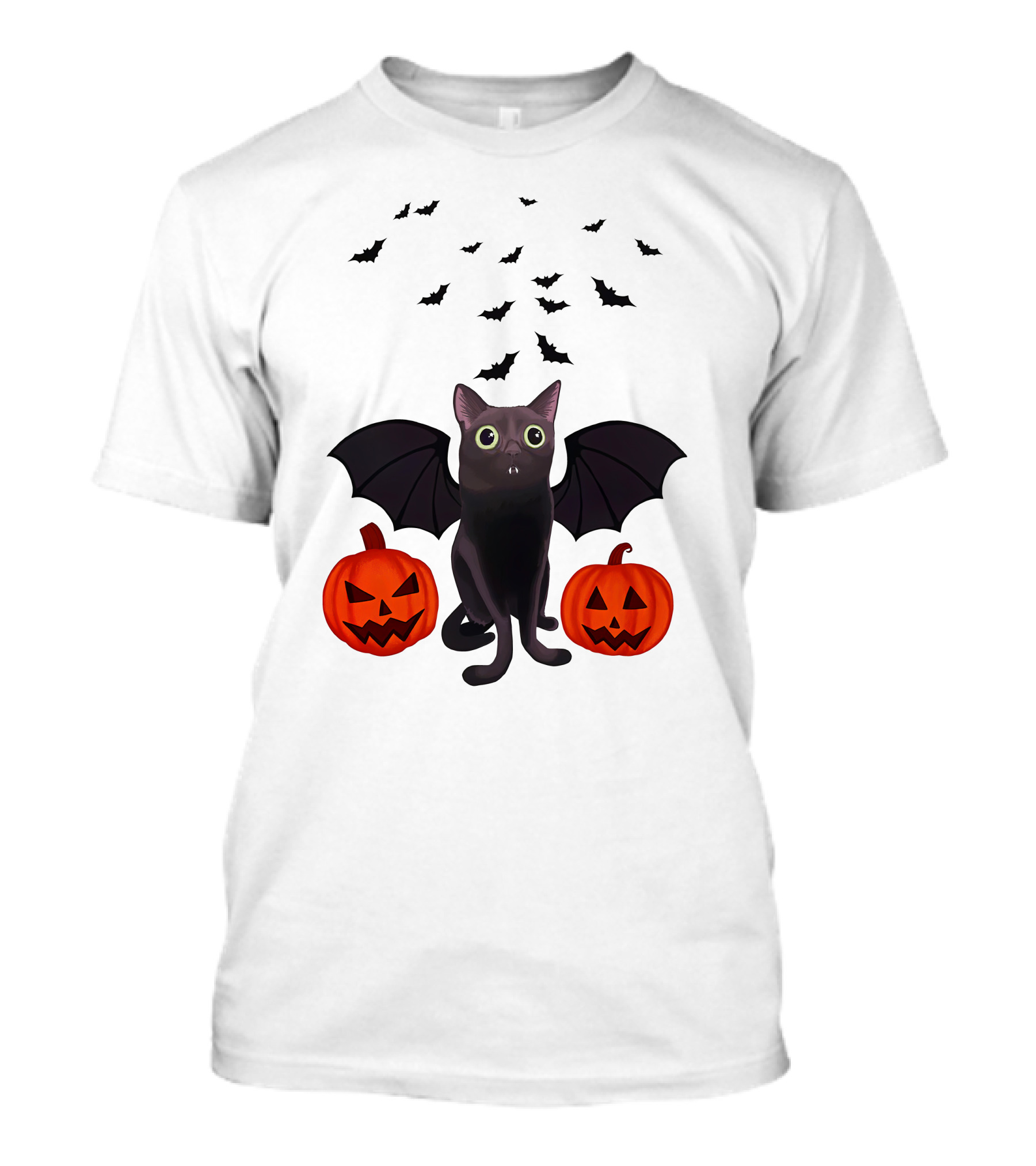 Bigfootjinx Merch Halloween Bat Jinx Black Cat With Pumpkin Jack-o'-Lanterns And Flying Bats T-Shirt
