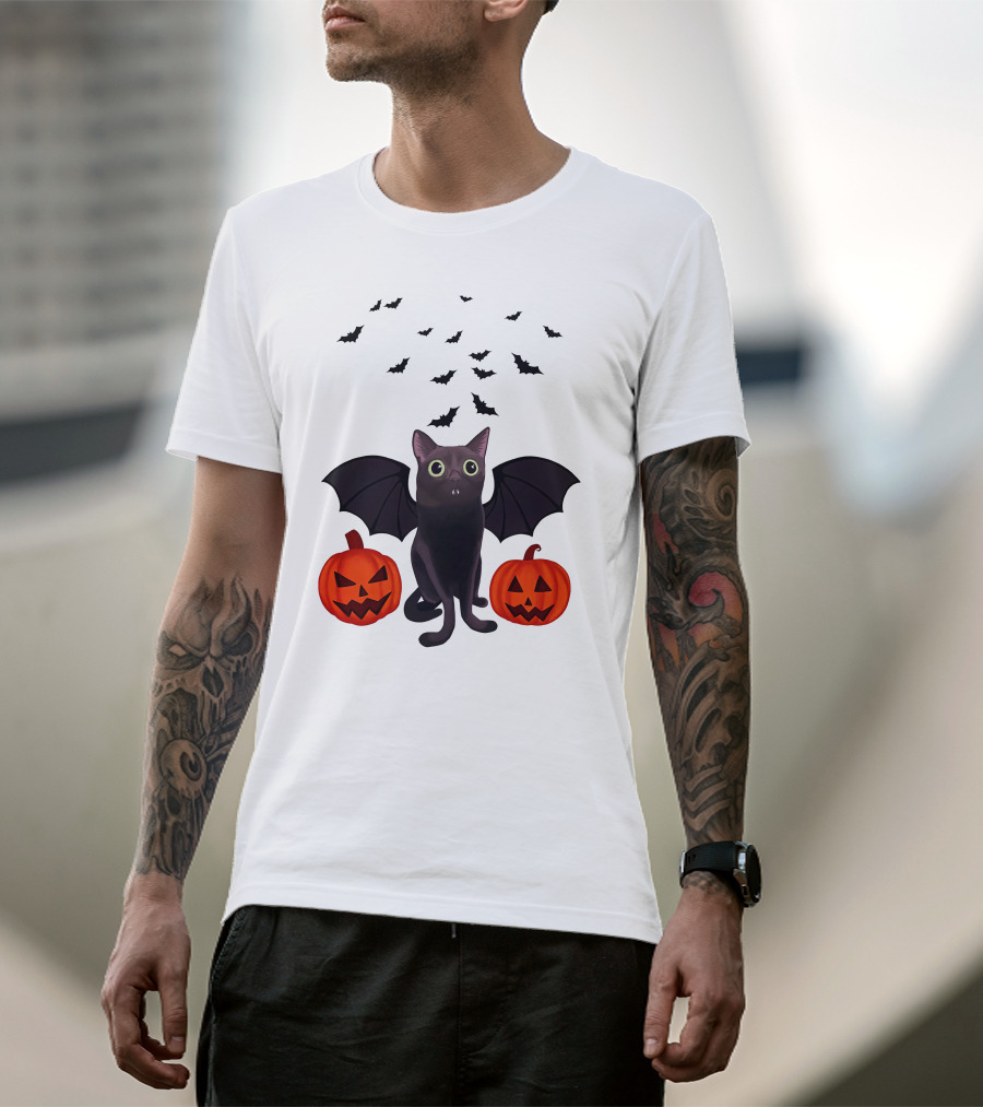 Bigfootjinx Merch Halloween Bat Jinx Black Cat With Pumpkin Jack-o'-Lanterns And Flying Bats T-Shirt