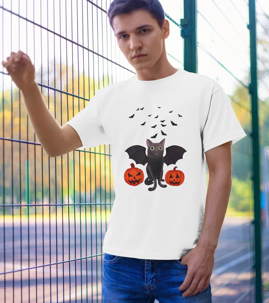 Bigfootjinx Merch Halloween Bat Jinx Black Cat With Pumpkin Jack-o'-Lanterns And Flying Bats T-Shirt