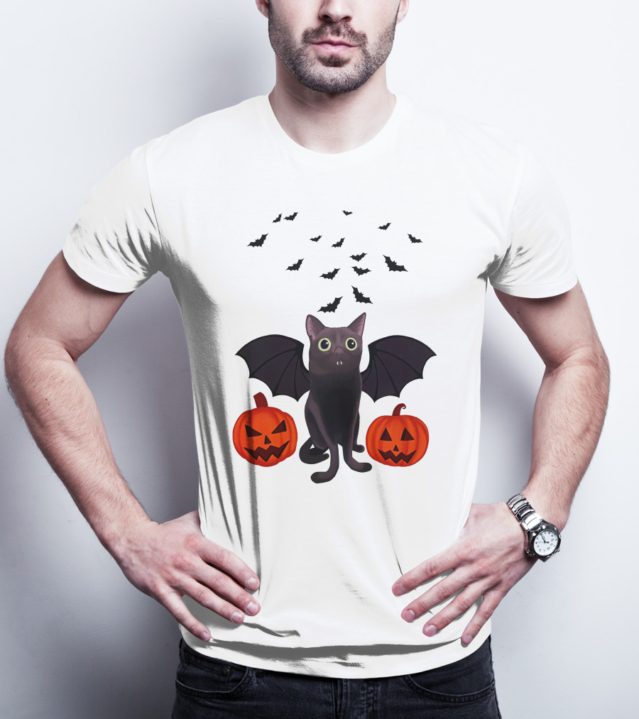 Bigfootjinx Merch Halloween Bat Jinx Black Cat With Pumpkin Jack-o'-Lanterns And Flying Bats T-Shirt