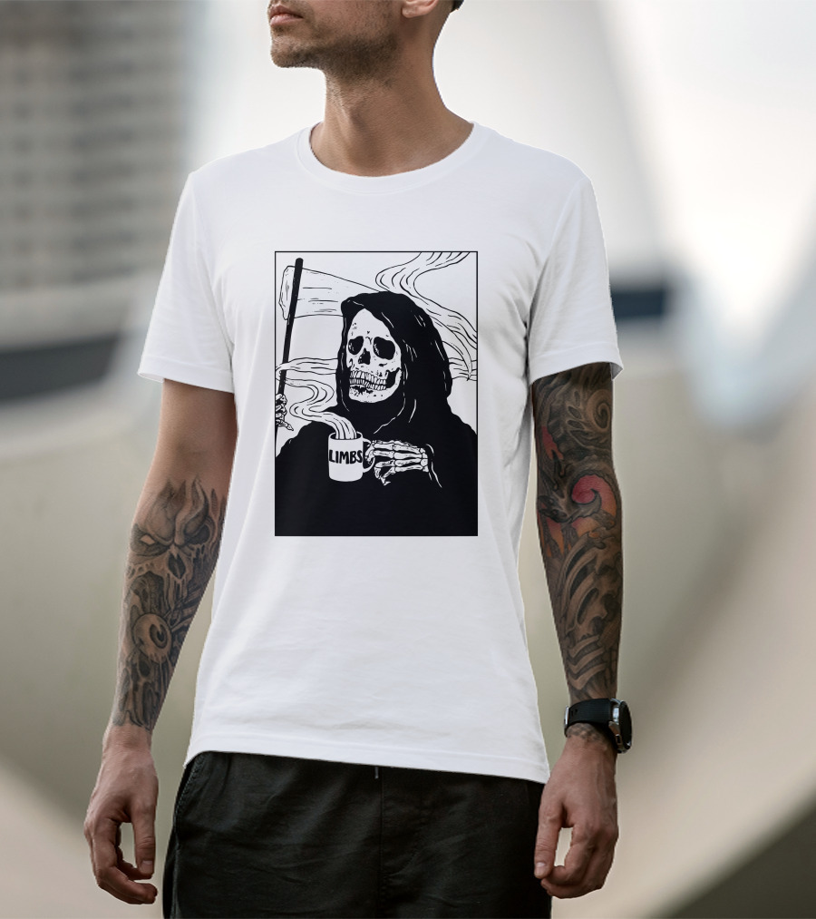 Chelsea Grin Down Right Merch Limbs Coffee Reaper Skeleton Holding Scythe And Mug T-Shirt