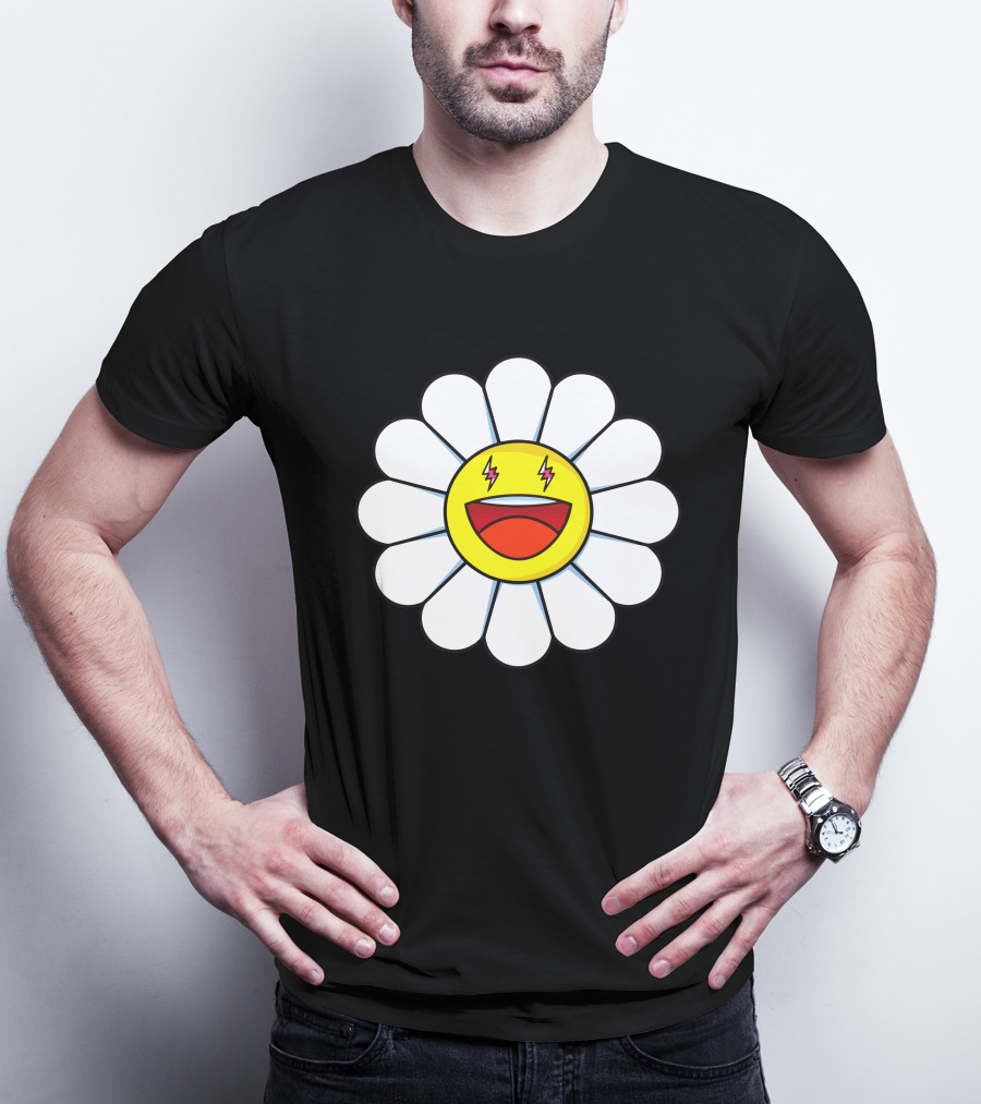 J Balvin Merch Blanco Large Flower Smiley Face With Lightning Eyes T-Shirt