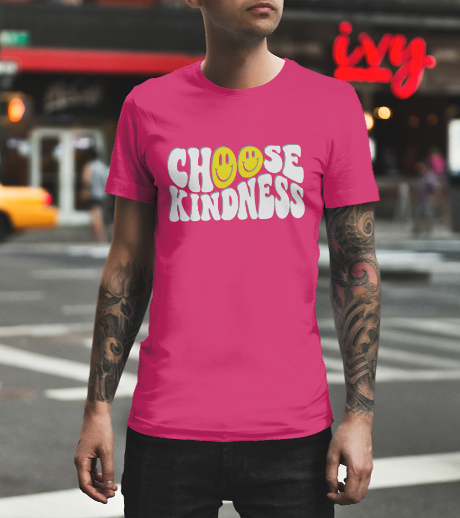 Miss Natali S Choose Kindness Smiley Face Groovy Font Pink Background T-Shirt