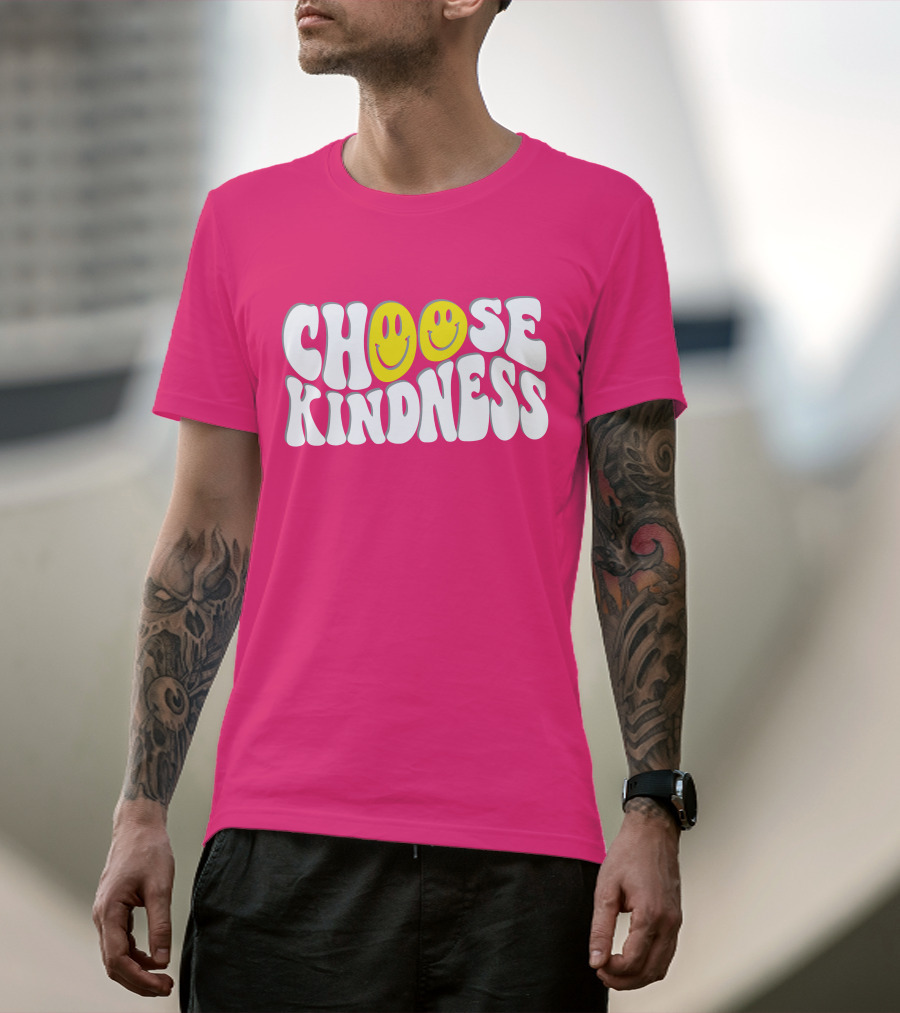 Miss Natali S Choose Kindness Smiley Face Groovy Font Pink Background T-Shirt
