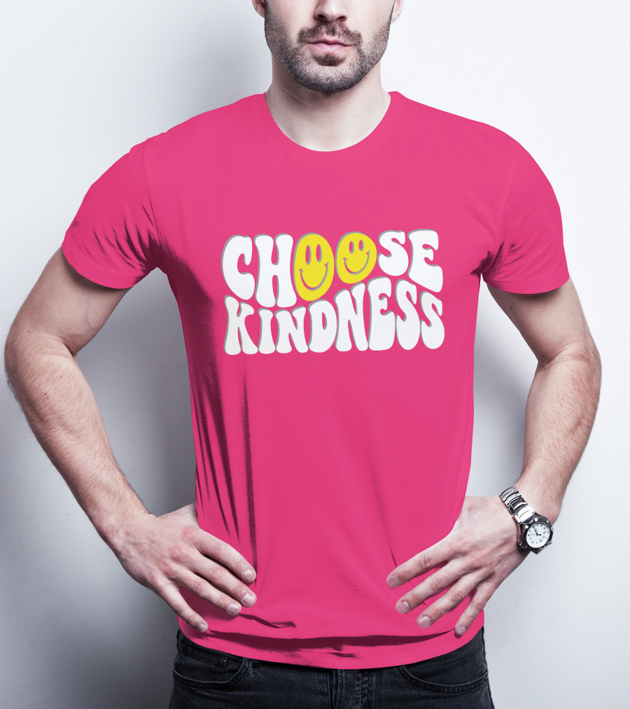 Miss Natali S Choose Kindness Smiley Face Groovy Font Pink Background T-Shirt