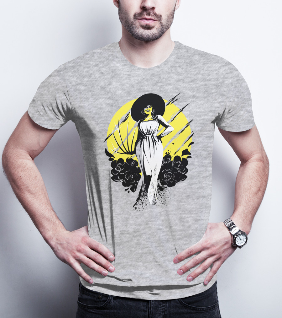 Fangamer Shop Resident Evil Lady Dimitrescu Iconic Yellow Backdrop Roses Claws T-Shirt