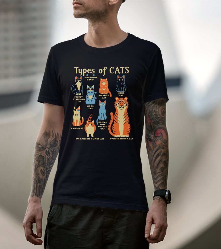 Types Of Cats Comparison Chart Pretty Standard Cat Orange Cat Ninja Cat Cool Cat Aristocat Danger Zenbra Cat Knows How You Die Cat Oh Land He Comin Cat T-Shirt