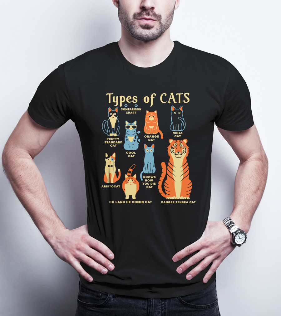Types Of Cats Comparison Chart Pretty Standard Cat Orange Cat Ninja Cat Cool Cat Aristocat Danger Zenbra Cat Knows How You Die Cat Oh Land He Comin Cat T-Shirt