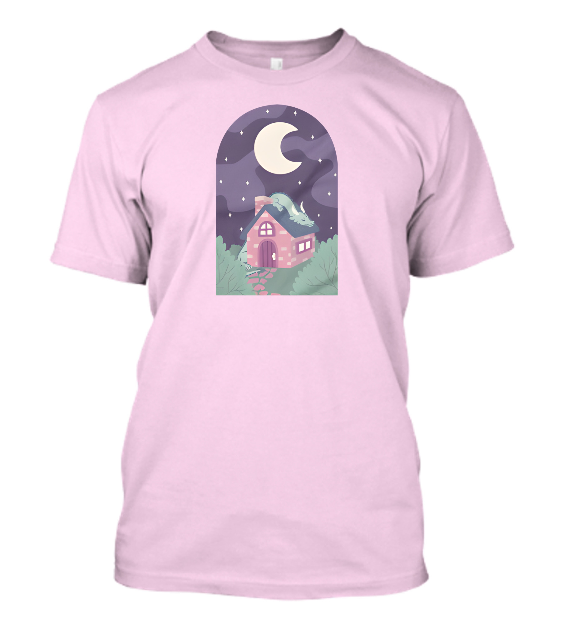 Sleepy Draginn Under Night Sky Crescent Moon Pastel Cottage T-Shirt