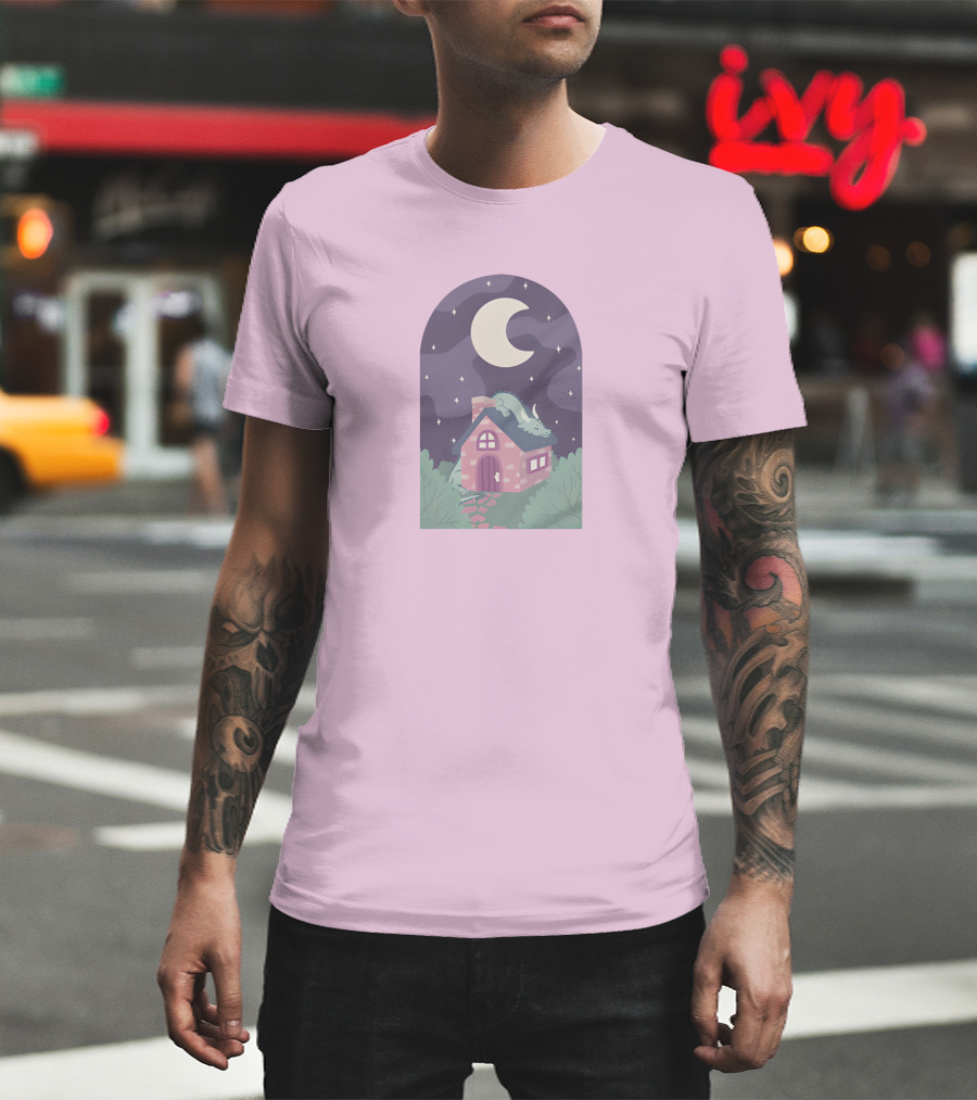 Sleepy Draginn Under Night Sky Crescent Moon Pastel Cottage T-Shirt