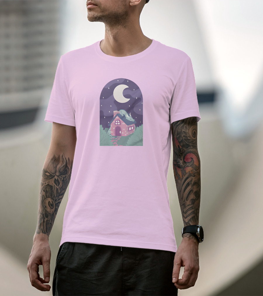 Sleepy Draginn Under Night Sky Crescent Moon Pastel Cottage T-Shirt